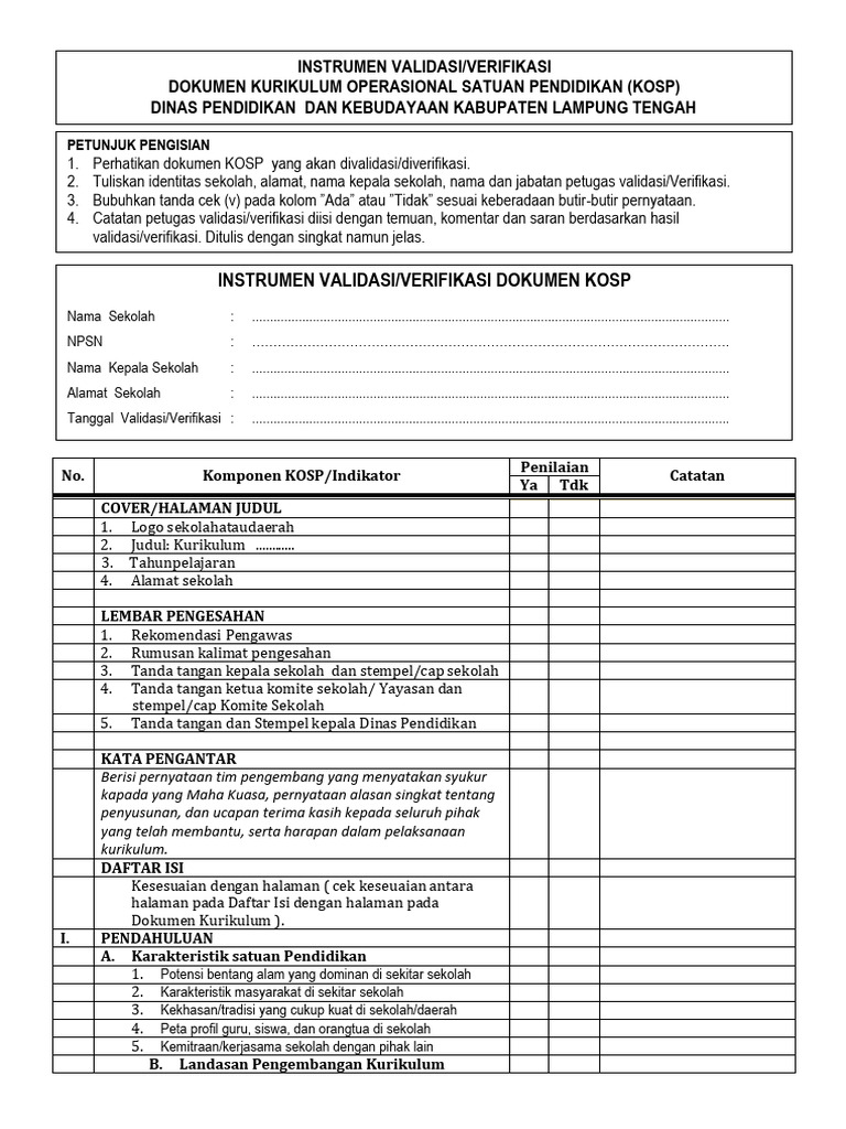 INSTRUMEN Validasi KOSP Lampung Tengah 2 | PDF