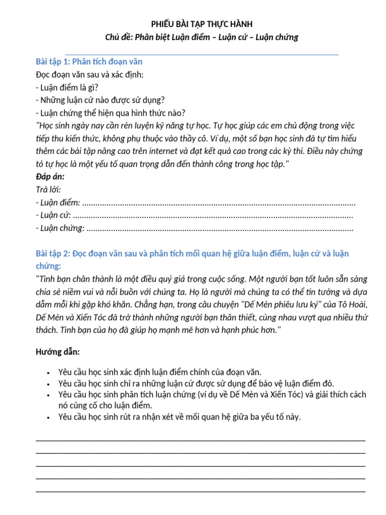 Phieu Bai Tap Luan Diem Luan Cu | PDF
