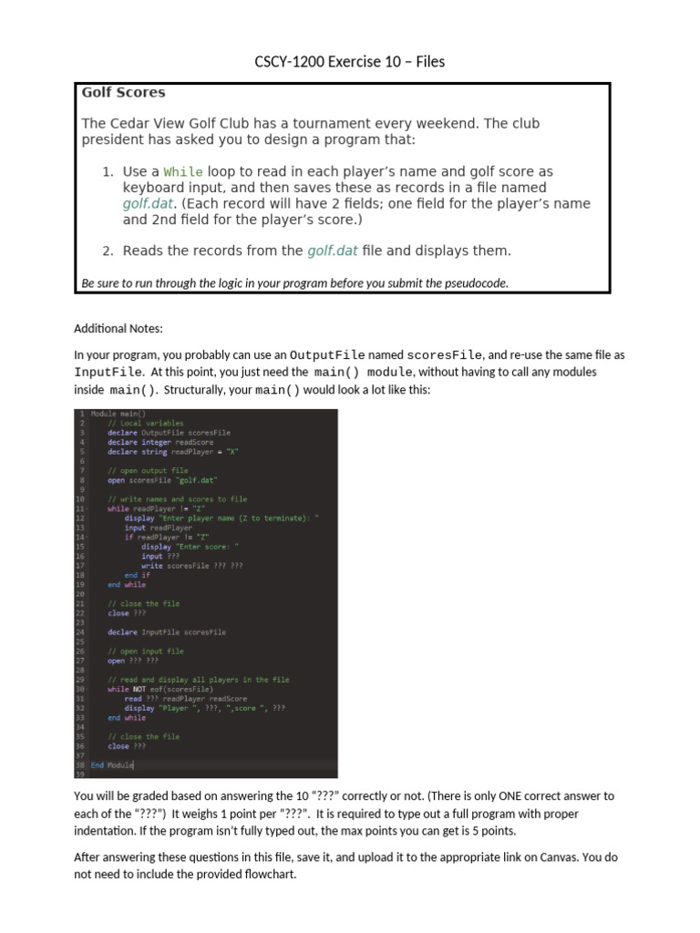 Golf Score Program Pseudocode Guide | PDF