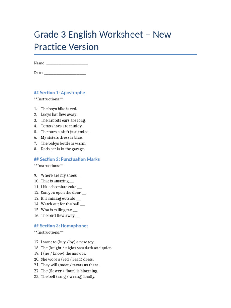 Grade 3 English Worksheet Exercises | PDF | Linguistics | Grammar