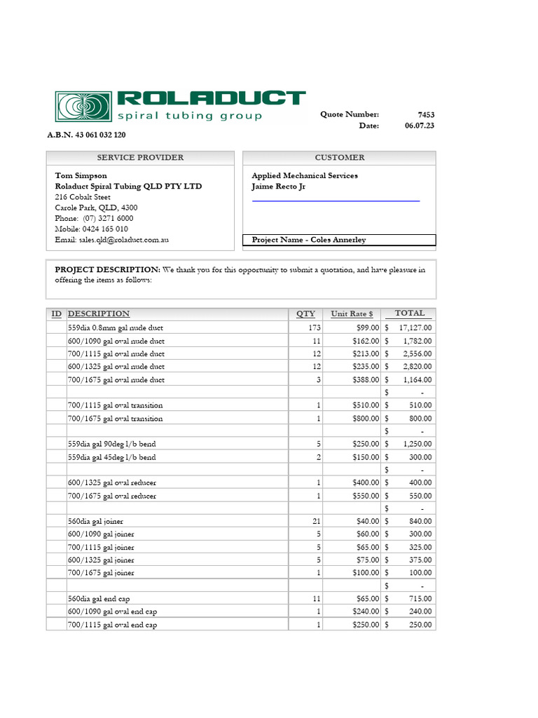 Coles Annerley Project Quotation | PDF