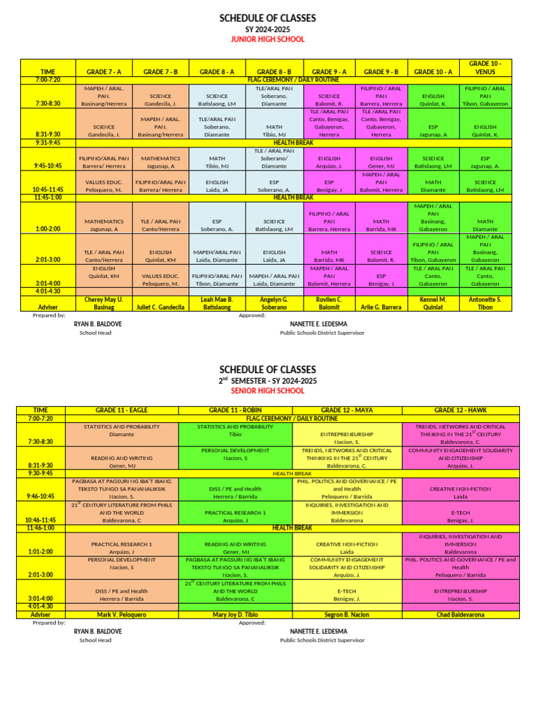 Schedule of Classes 2024 2025 2nd Sem | PDF