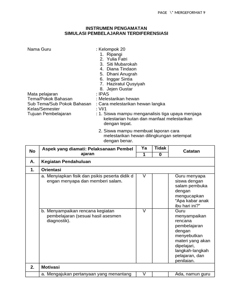 Instrumen Observasi Simulasi Pembelajaran Berdiferensiasi | PDF