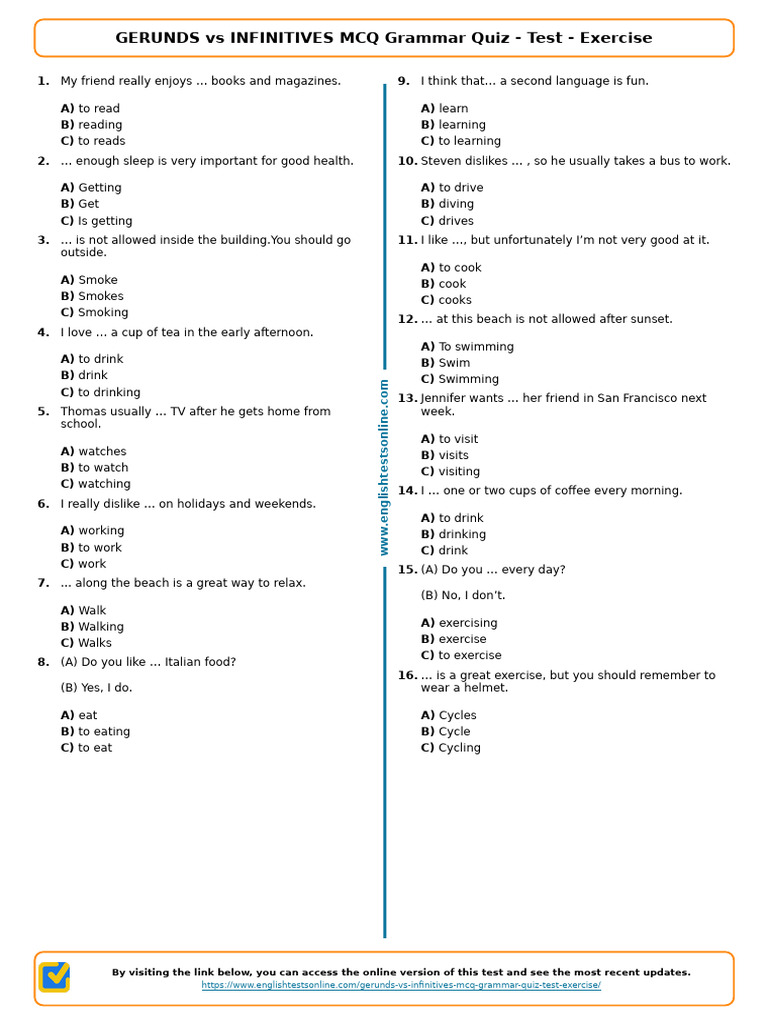 Gerunds vs Infinitives Quiz Exercise | PDF