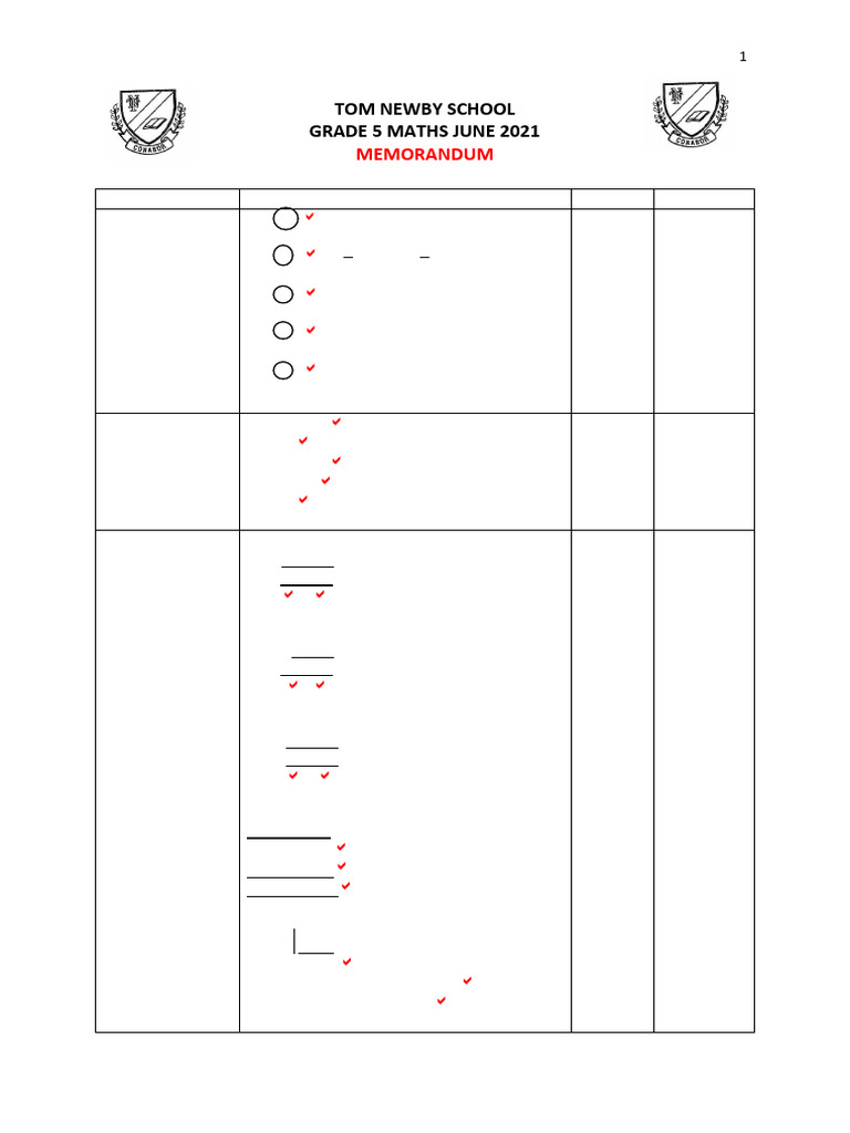 Grade 5 Maths Memo June 2021 | PDF