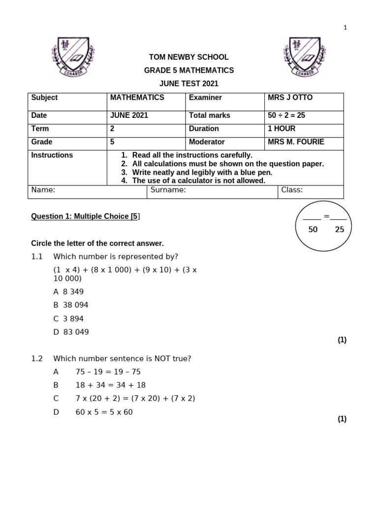 Grade 5 Maths Exam June 2021 | PDF | Mathematics