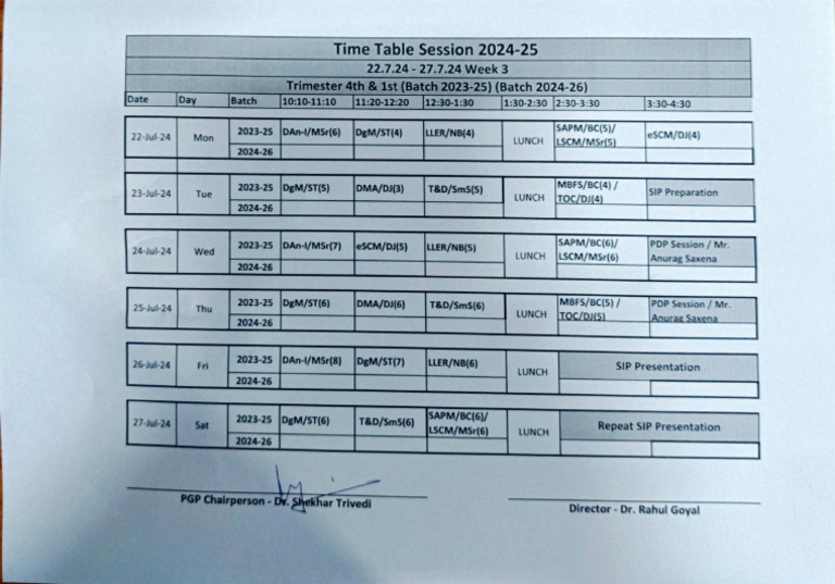 Time Table For 22nd To 27th July 2024 | PDF