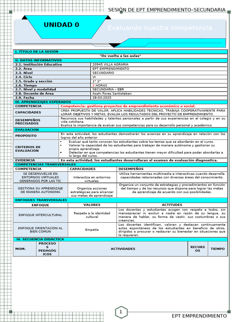 1º 2º Sesion Sem 1 Uni 0 - Ept Emprendimiento 2025 | PDF | Evaluación | Enseñando