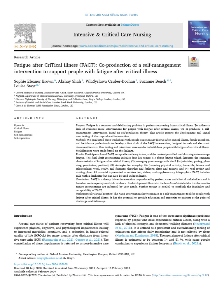 Self-Management for Post-ICU Fatigue | PDF | Health Professional ...