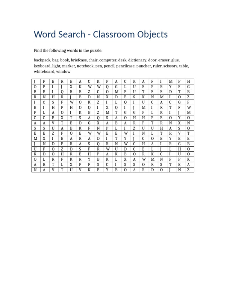Classroom Objects Word Search Puzzle | PDF