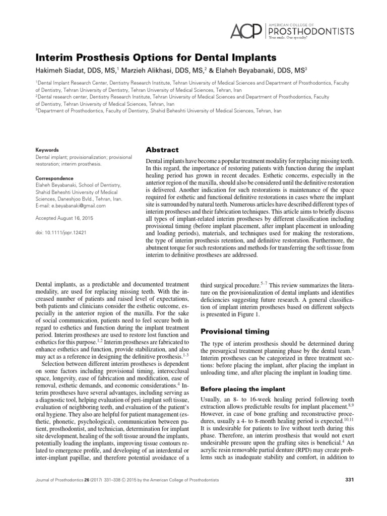 Journal of Prosthodontics - 2016 - Siadat - Interim Prosthesis Options ...