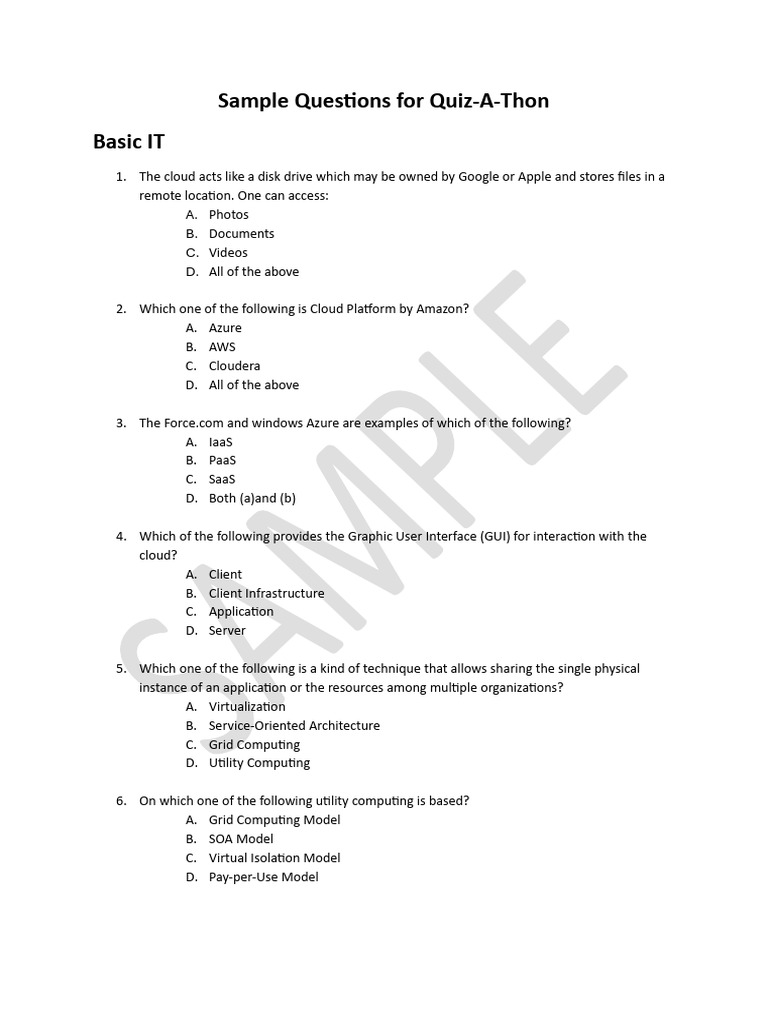 Sample Questions For Quiz A Thon 100 Questions | PDF | Cloud Computing ...