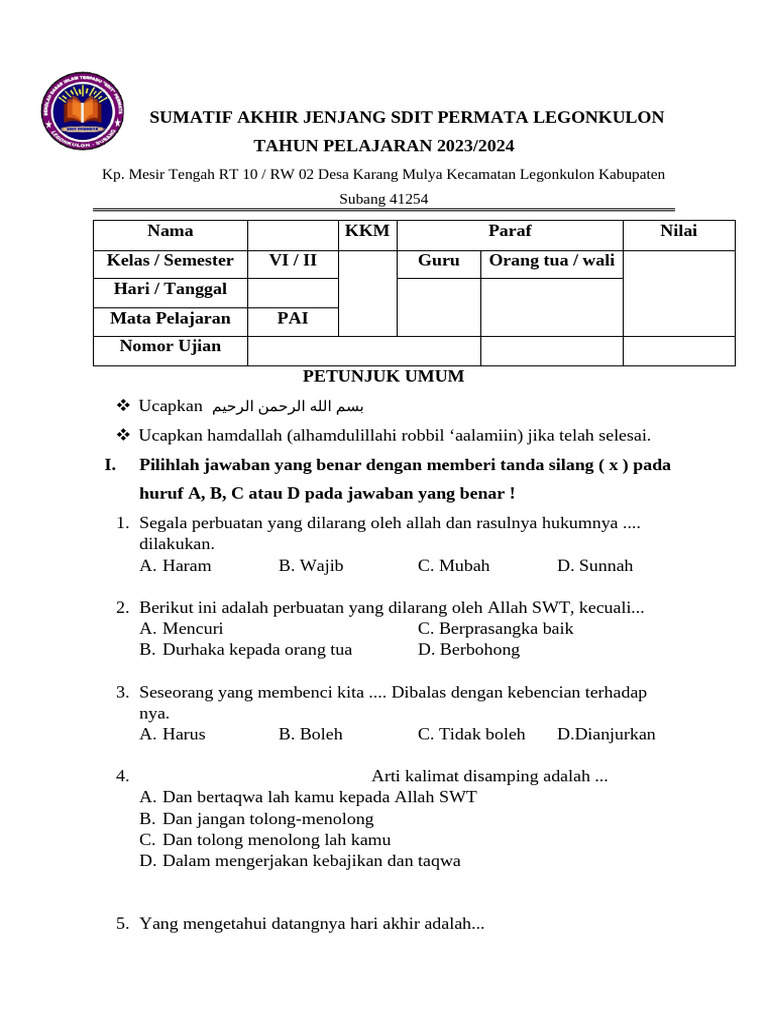 Soal US PAI Kls 6 SMSTR 2 2324 | PDF