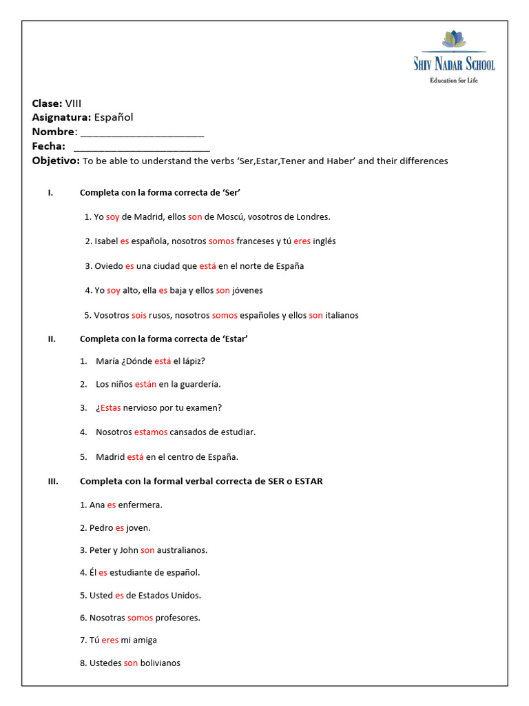 Leccion 1 W1 Ser Estar Tener Hay ANSWER KEY | PDF