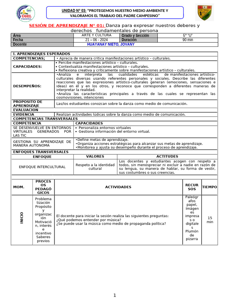 5° SEC. SESION ACTV 01. ARTE Y CULTURA 2024 | PDF | Bailes | Comunicación