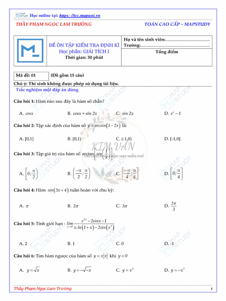 De On Tap Giua Ky - Giai Tich 1 - de So 1 | PDF