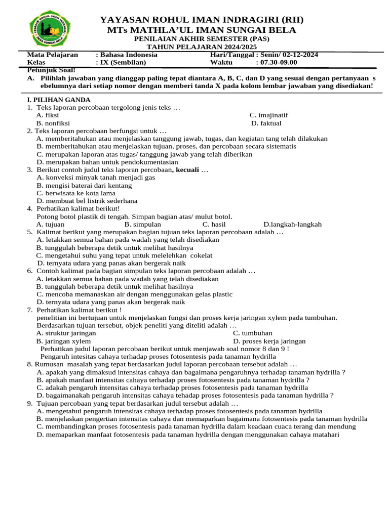 soal kls 9 ganjil 2024 | PDF