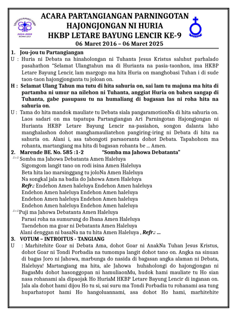 Acara Partangiangan Ulang Tahun Berdirinya HKBP Letare Bayung Lencir | PDF