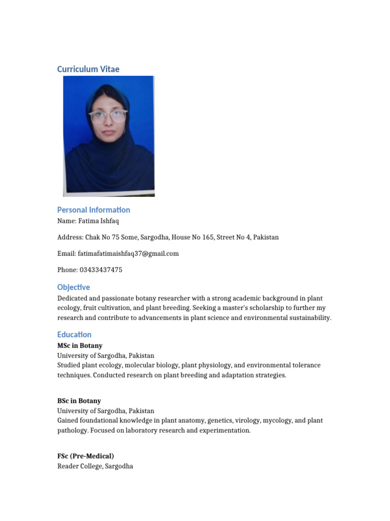 Fatima Ishfaq Detailed CV (1) | PDF | Botany | Plants