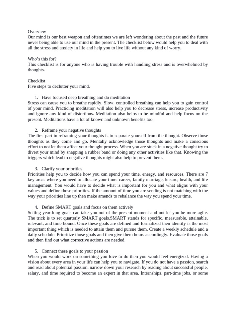 Declutter Your Mind Checklist | PDF | Mind | Meditation