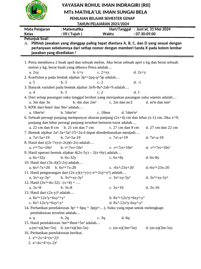 Soal MTK Kelas VII | PDF