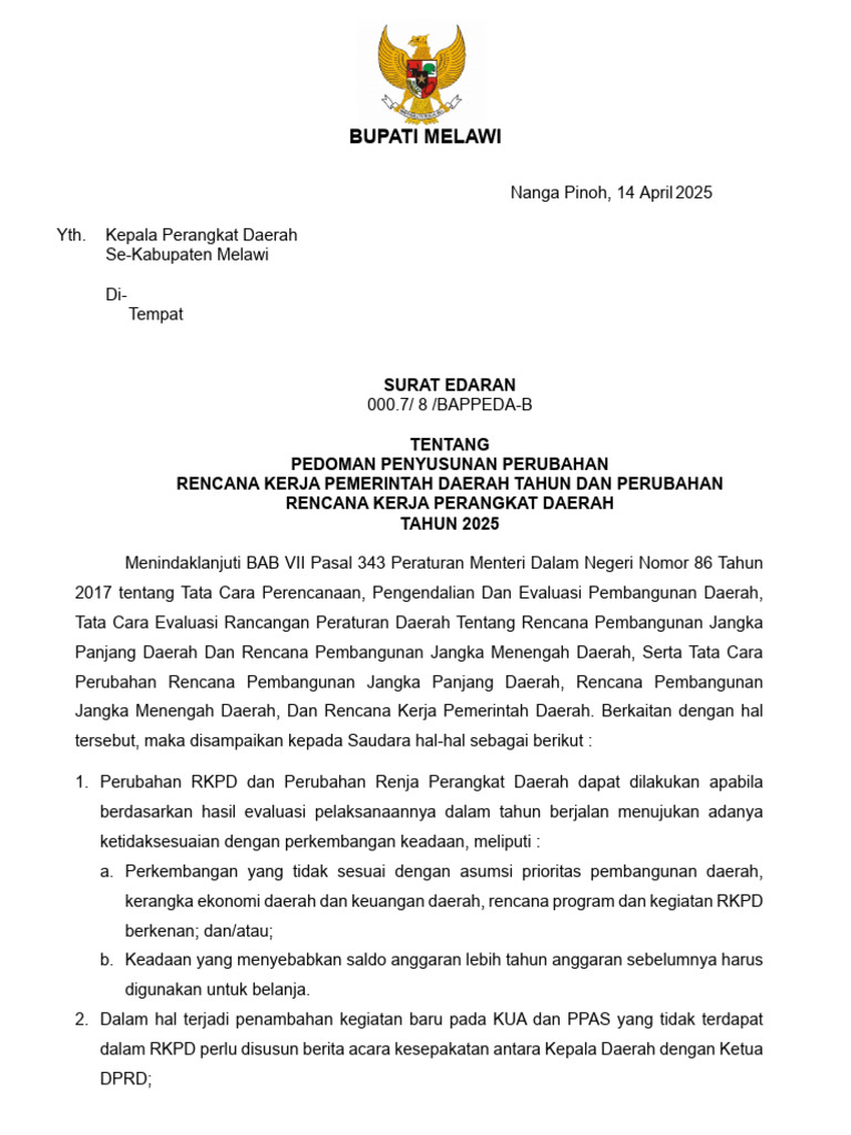 Edaran Perubahan RKPD 2025 Dan Perubahan Renja PD Tahun 2025 | PDF