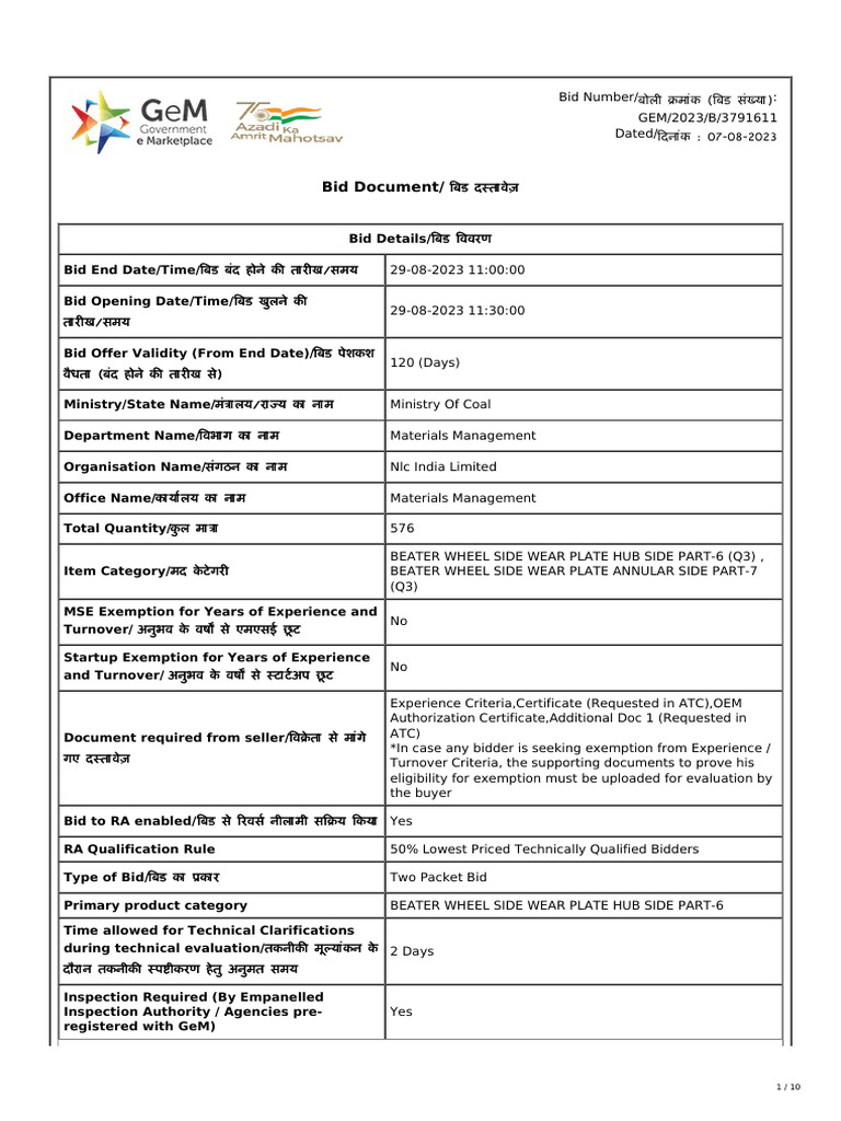 Bid Details for Beater Wheel Plates | PDF