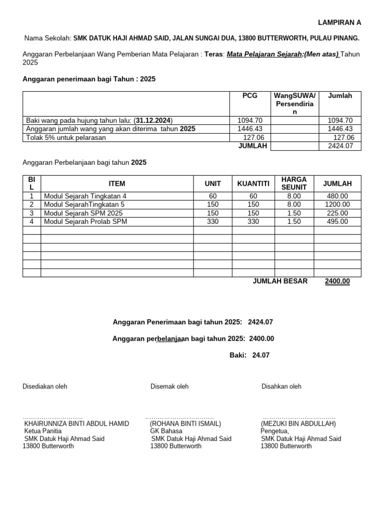 Borang Anggaran Perbelanjaan Panitia 2025 Terkini Men Atas | PDF