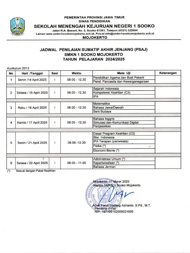 Jadwal Penilaian Sumatif Akhir Jenjang 2024-2025 | PDF