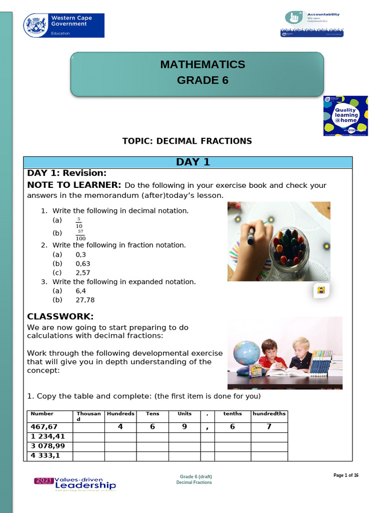 Lesson Plan Gr. 6 Mathematics Term 2 Week 8 Decimal Fractions Lesson 2 ...