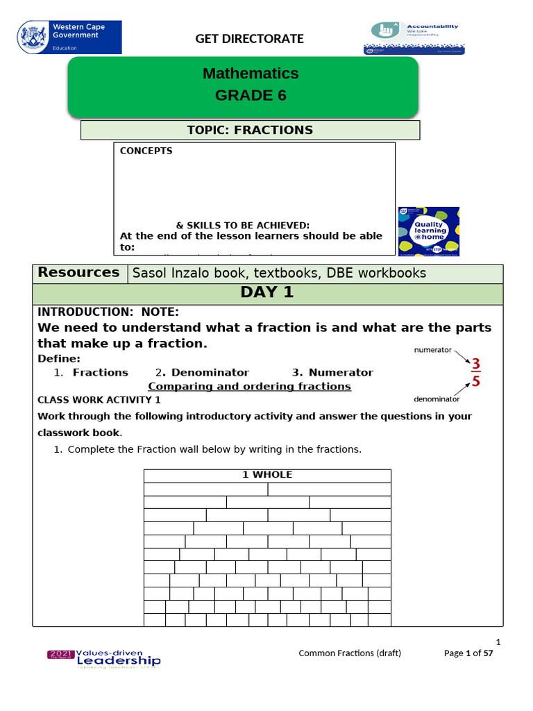 Lesson Plan Gr. 6 Mathematics Term 2 Week 4,5,6 Common Fractions Option ...