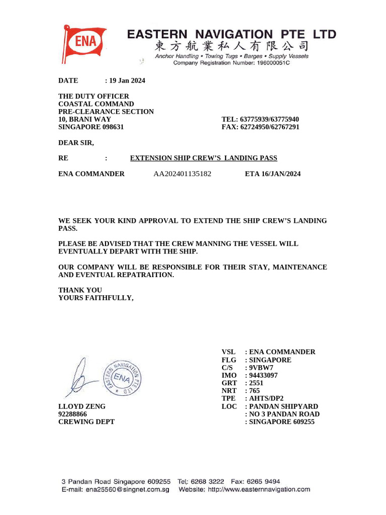 01.) (AA202401135182) Extension Letter - ENA Commander (19 Jan - 19 Feb) | PDF