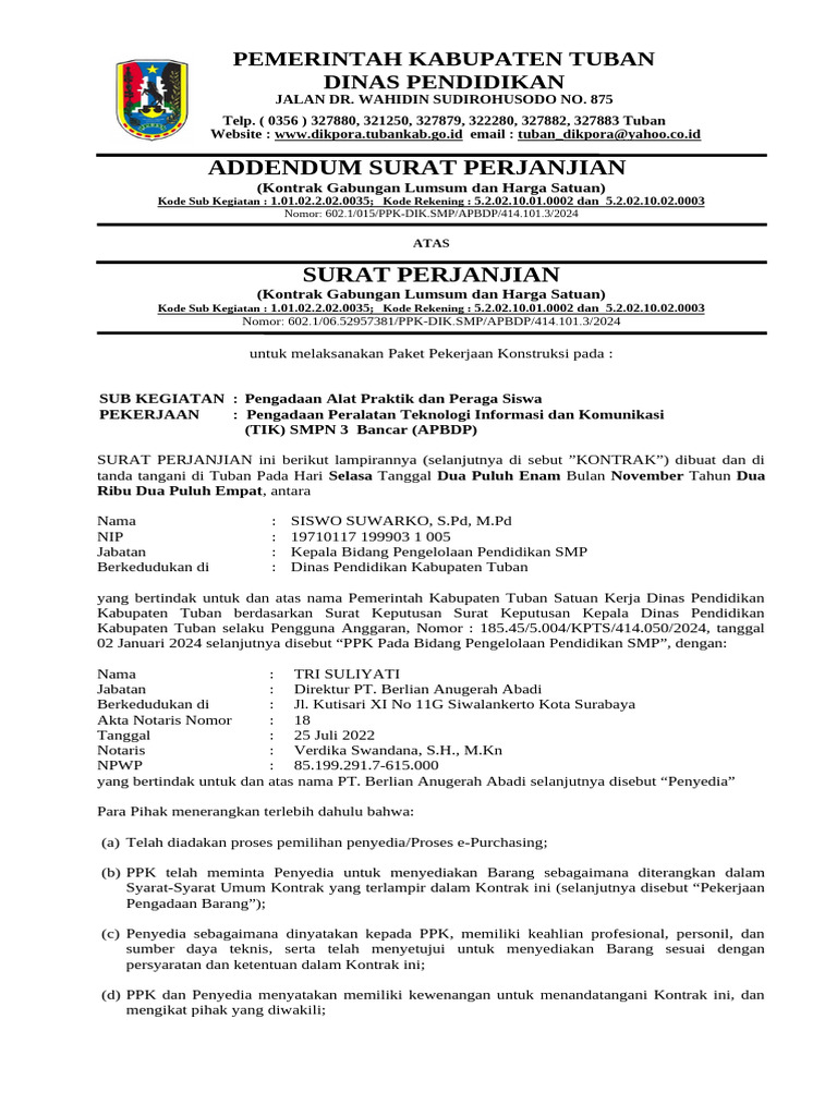 Addendum Kontrak Pengadaan Pak | PDF