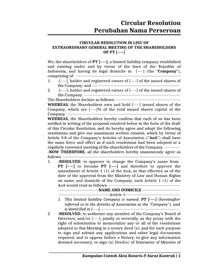 Circular Resolution Perubahan Nama Perseroan | PDF | Articles Of ...