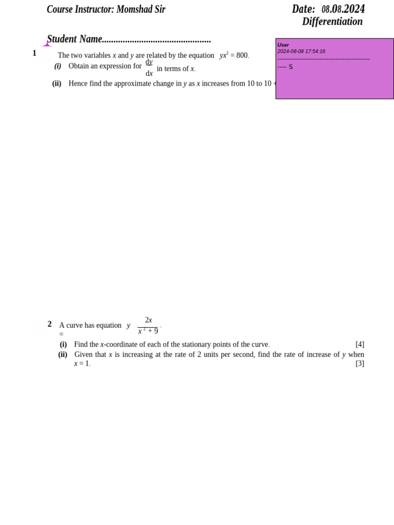 Differentiation Homework 8 August | PDF | Equations | Mathematical Objects