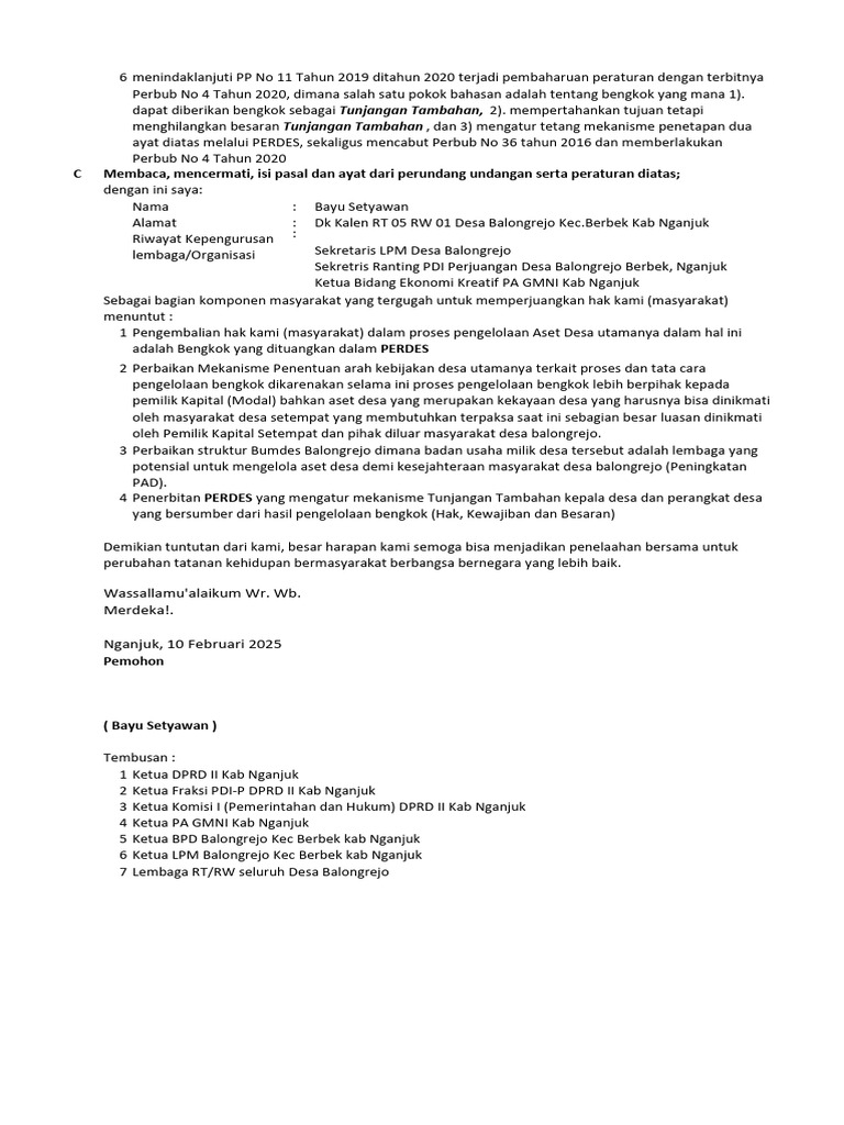 Surat Tuntutan Pengelolaan Aset Desa (Bengkok) | PDF