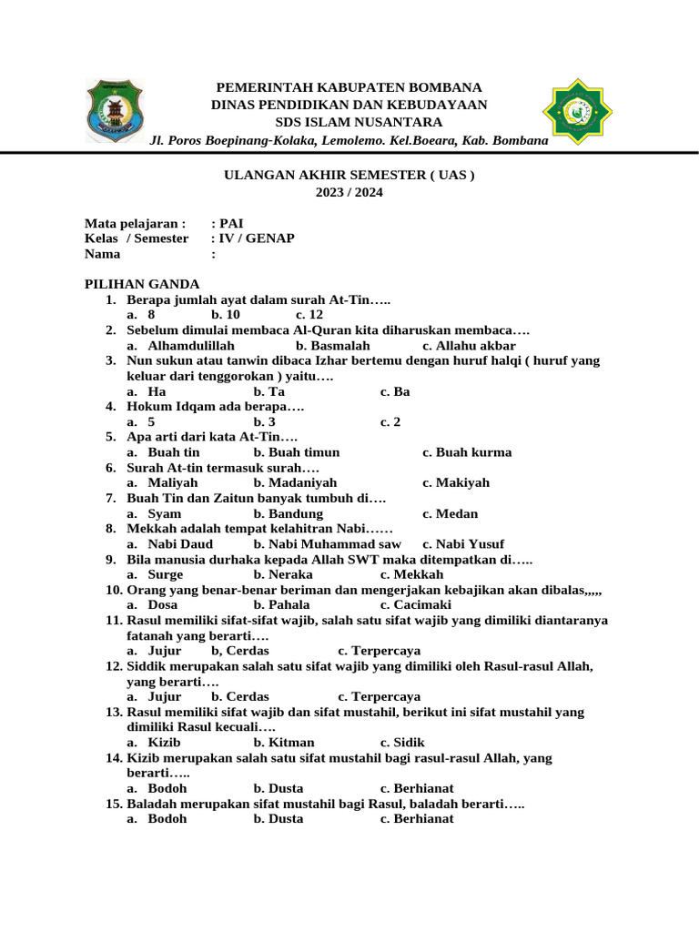 UAS PAI Kelas IV dan V 2023/2024 | PDF