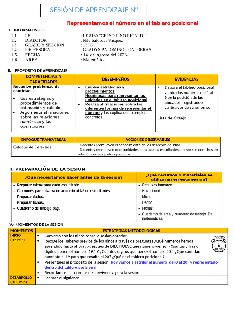 Ubicamos en El T.V.P. Numeros Hasta 20 - Matem-14-08.23 | PDF
