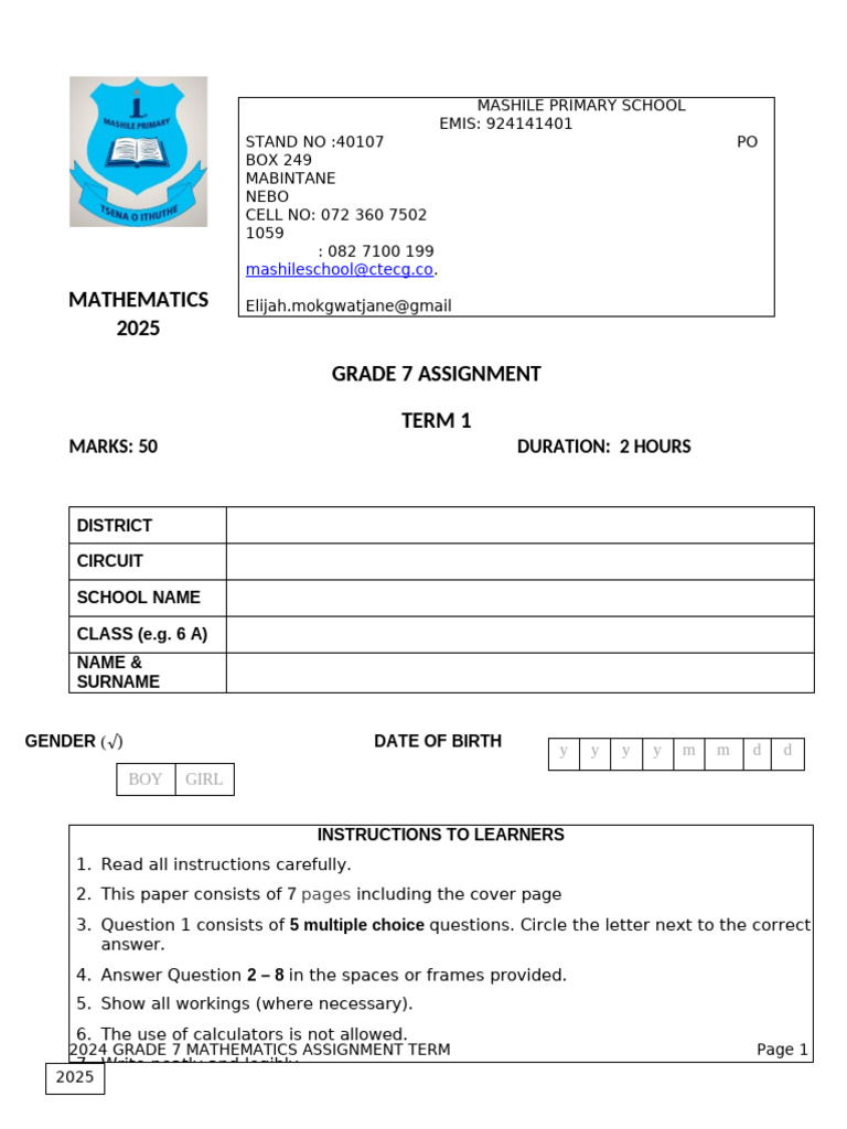 Grade 7 Assignment Term 1 2024 - 052928 | PDF | Mathematics