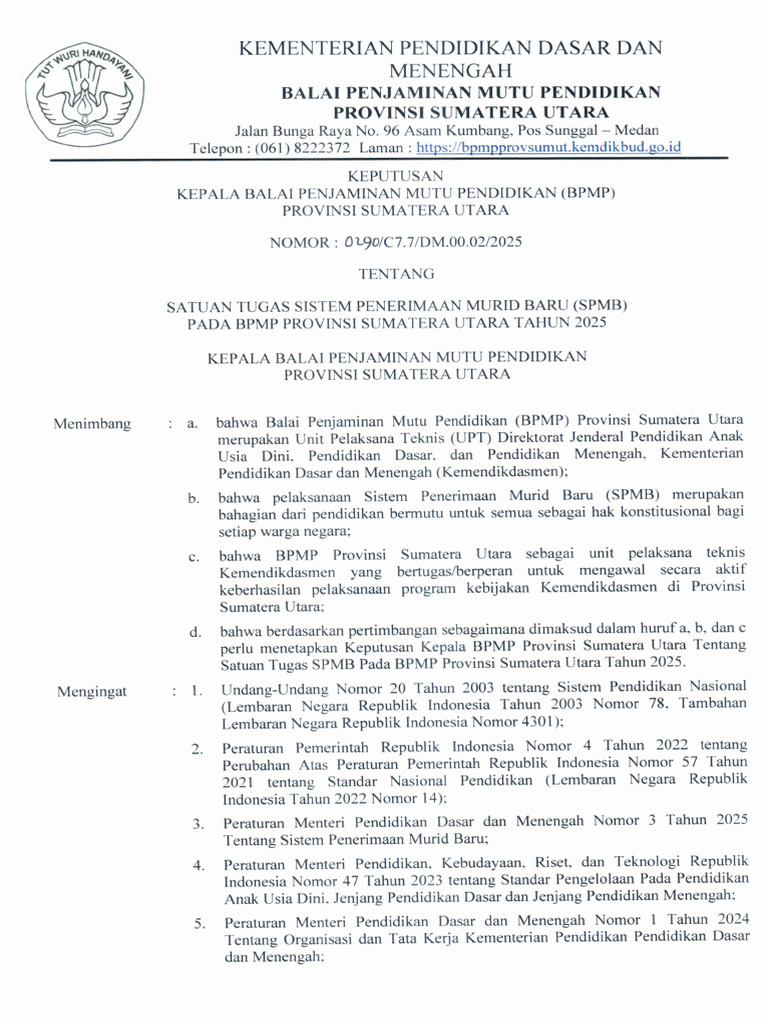 SK Tentang Satgas SPBP Pada BPMP Prov. Sumut | PDF