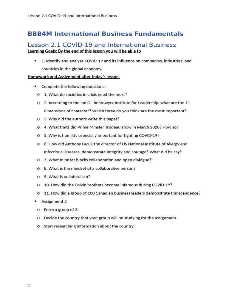 Lesson 2.1 COVID-19 and International Business | PDF