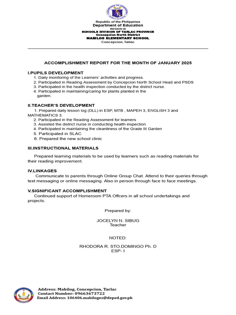 ACCOMPLISHMENT REPORT FOR THE MONTH OF October 2024 | PDF | Behavior Modification | Learning