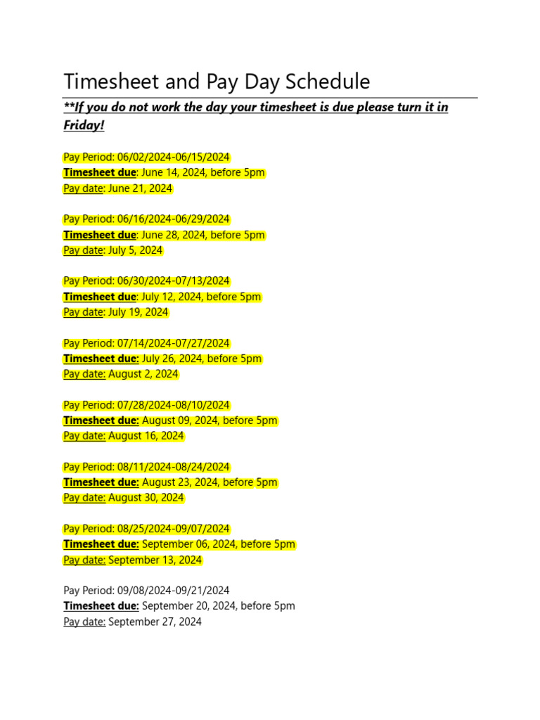Timesheet and Pay Day Schedule 2024 | PDF