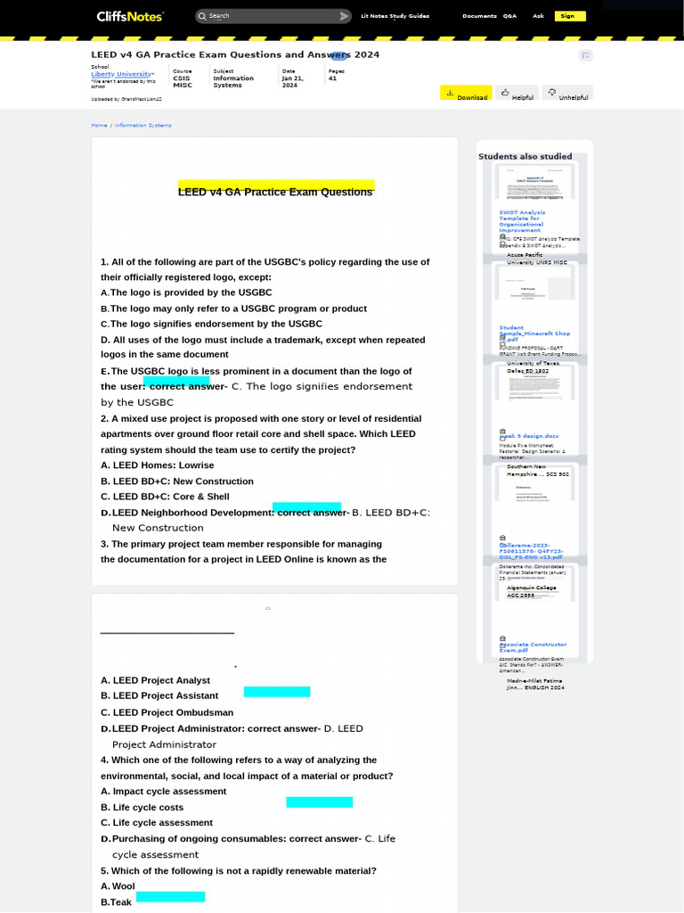 LEED v4 GA Practice Exam Questions and Answers 2024 (Docx ...