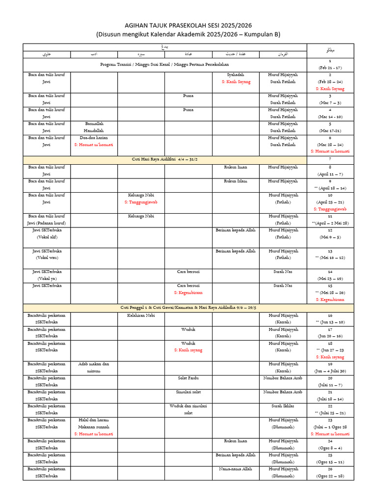 (RPT Pra Sekolah PI SESI 2025 (B) | PDF