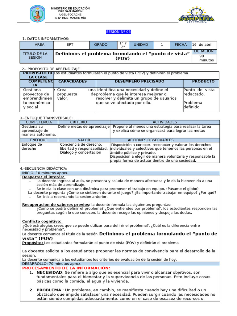 SESION 6 UNIDAD 1 EPT 1° y 2° | PDF | Maestros | Aprendizaje