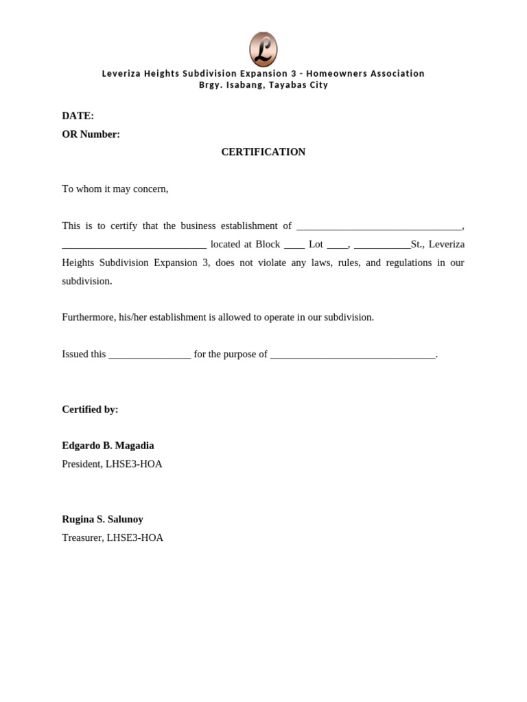 HOA Certification For Business Permit | PDF
