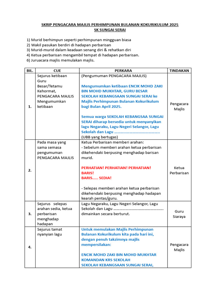 SKRIP PENGACARA MAJLIS PERHIMPUNAN BULANAN KOKURIKULUM 2025 | PDF