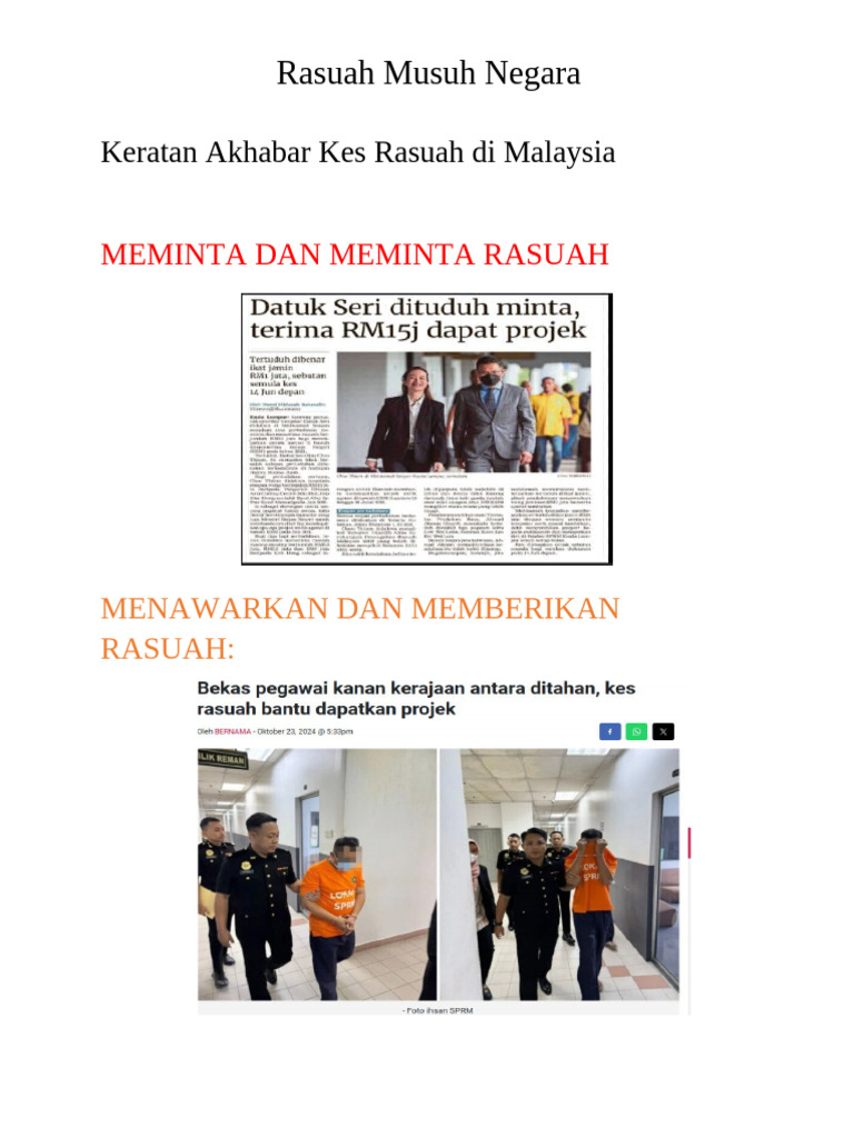 Keratan Akhabar Kes Rasuah Di Malaysia | PDF