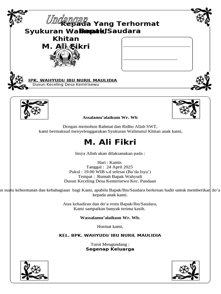 Undangan Syukuran Khitan M. Ali Fikri | PDF